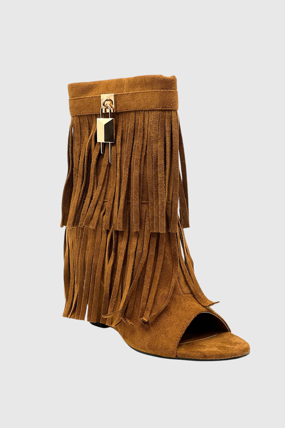 Arian Peep Toe Fringe Suede Boots In Brown – Innovare Denim